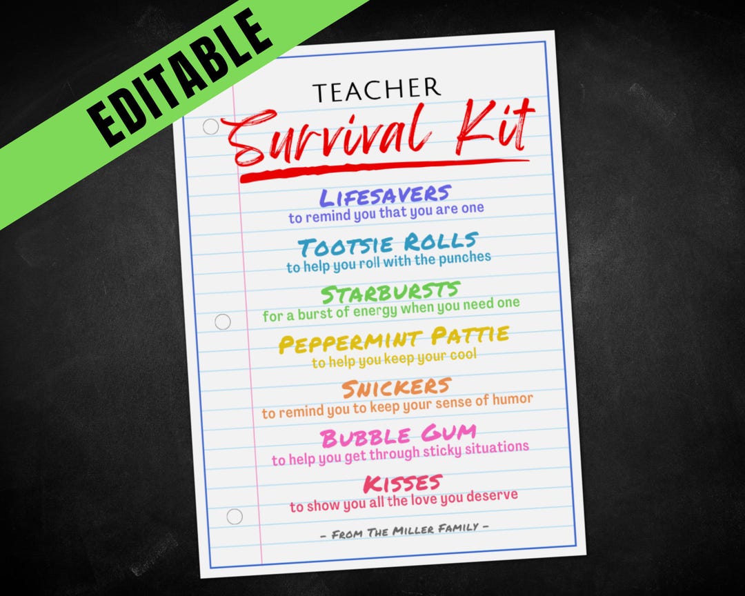 EDITABLE Teacher Survival Kit Tag, Teacher Appreciation, Staff ...