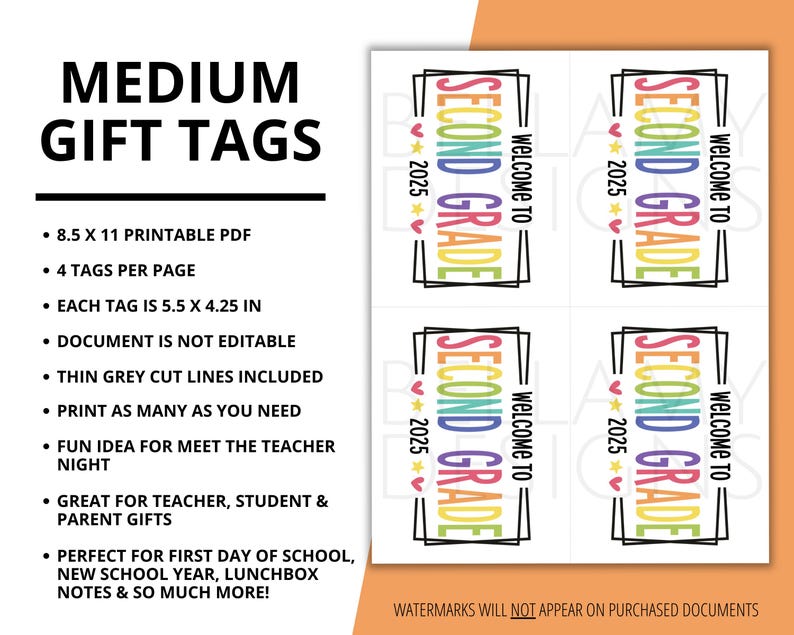 Welcome to Second Grade Gift Tag, Back to School Treat First Day of ...