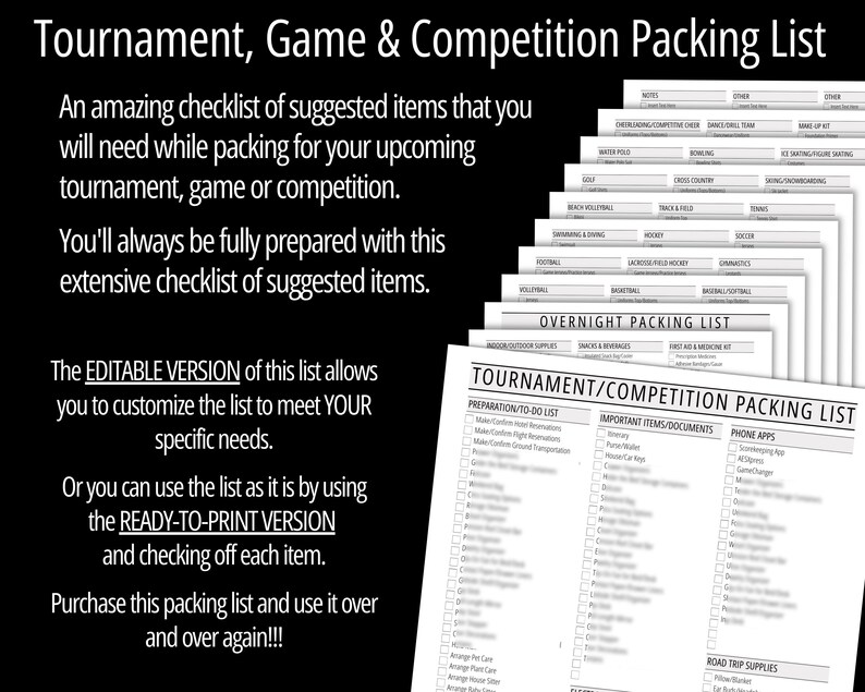Sport Packing List Tournament Checklist Printable Planner Athlete ...