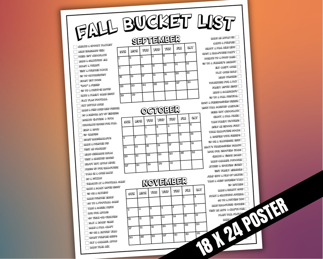 2024 Fall Bucket List Printable Calendar Poster, Kids Countdown of ...