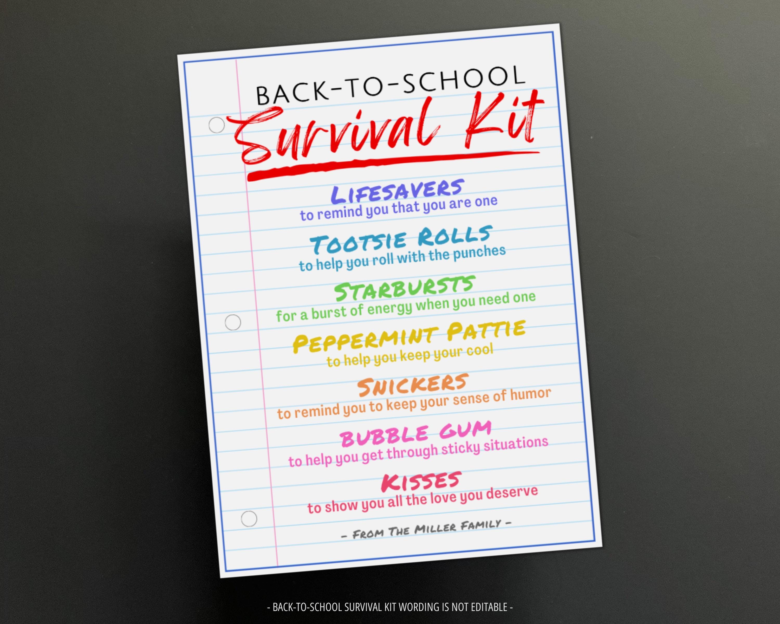 EDITABLE Back to School Survival Kit Treat Bag Tag, Teacher & Staff ...