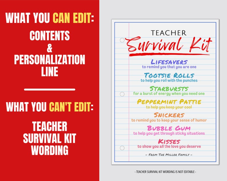 EDITABLE Teacher Survival Kit Tag, Teacher Appreciation, Staff ...