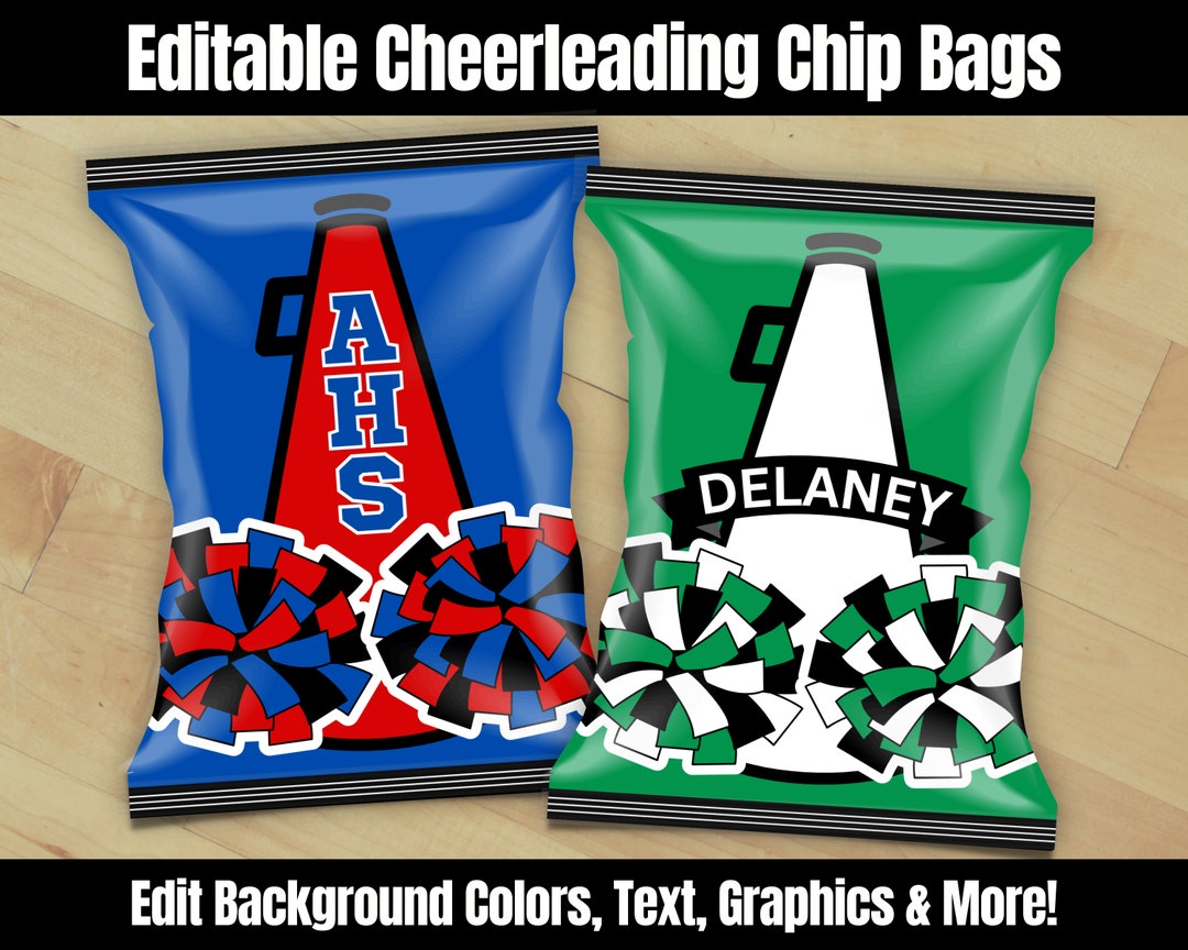 Cheerleading Chip & Treat Bag, Editable Cheerleader Ball Chip Bag ...