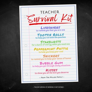 EDITABLE Teacher Survival Kit Tag, Teacher Appreciation, Staff ...