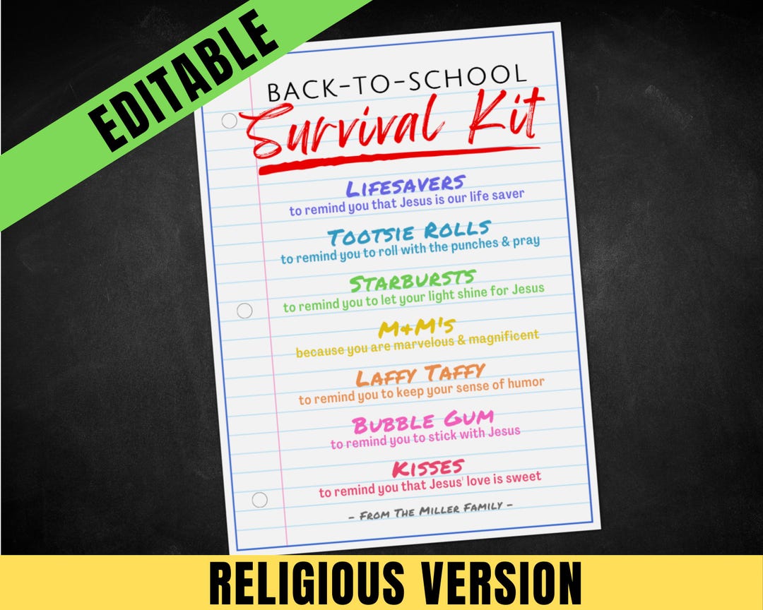 EDITABLE Religious Back to School Survival Kit Gift Tag, Teacher ...