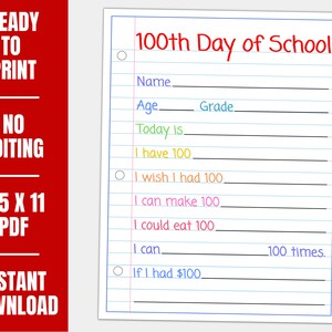 100th Day of School Worksheet Activity, Student Writing Activity ...