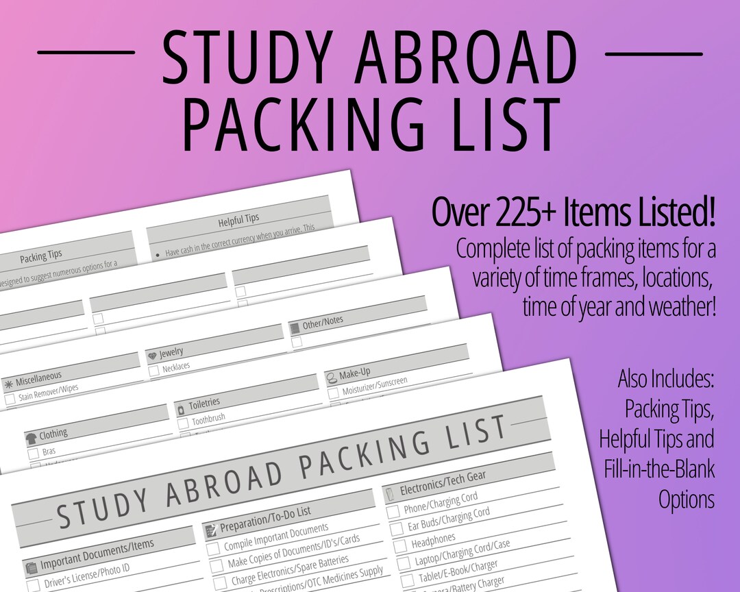 Study Abroad Packing List Packing List Planner Packing - Etsy