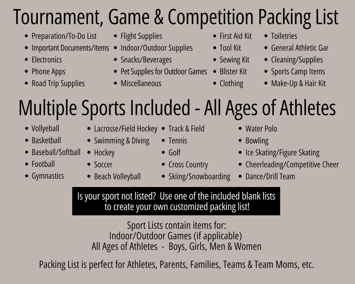 Sports Packing List, Tournament Game Competition Checklist for Athletes ...