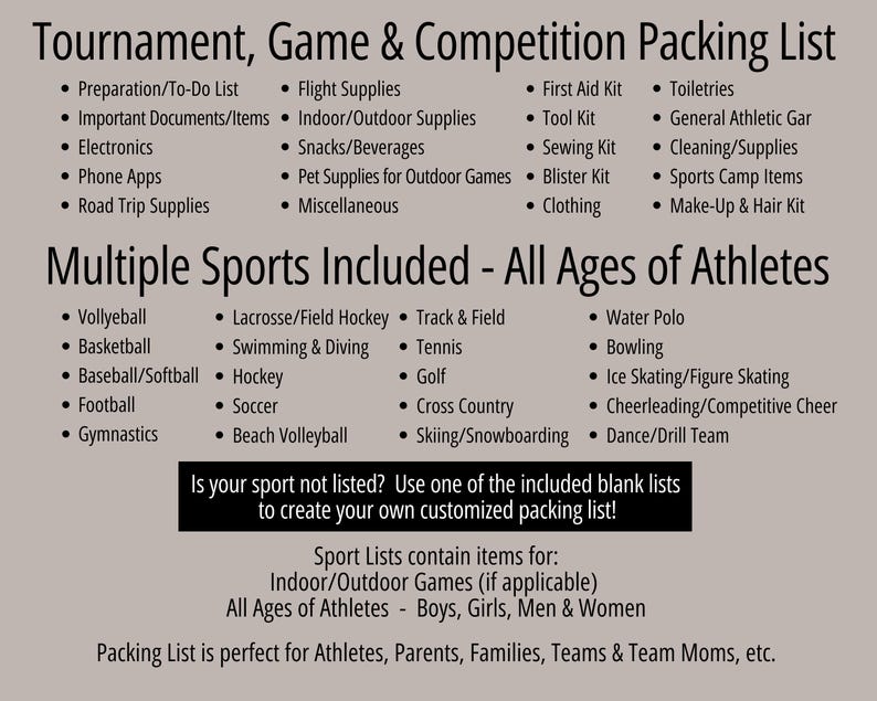 Sports Packing List, Tournament Game Competition Checklist for Athletes ...