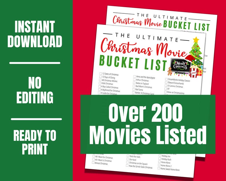 Christmas Movie Bucket List, Family Movie Night Printable, Xmas Movie ...