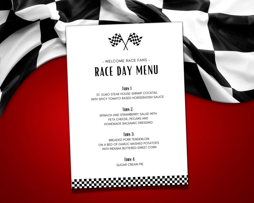 Editable Race Day Menu Card or Invitation, Checkered Flag Indy 500 ...