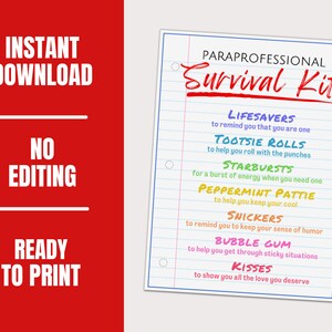 Paraprofessional Survival Kit Gift Tags, Paraprofessional Appreciation ...