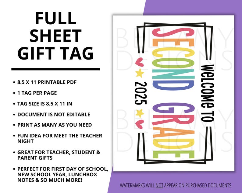 Welcome to Second Grade Gift Tag, Back to School Treat First Day of ...