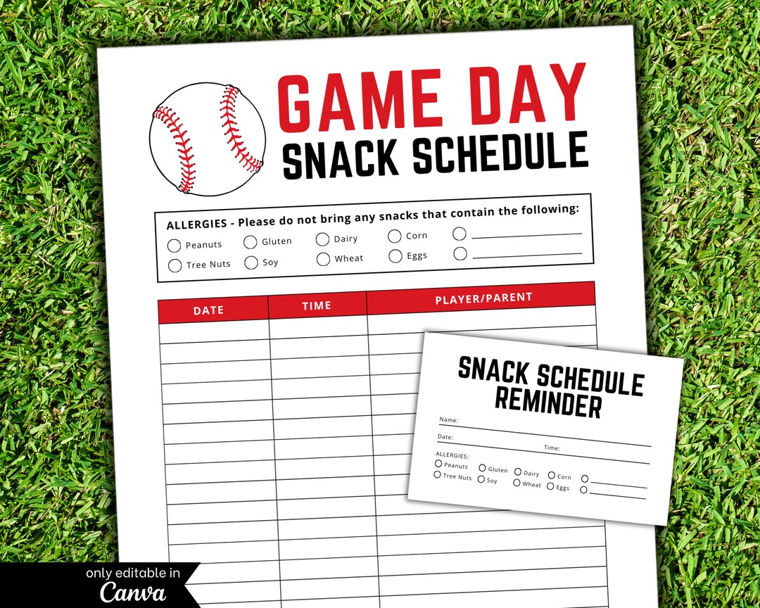 EDITABLE Baseball Snack Schedule Sign up Sheet, Baseball Team Tball ...