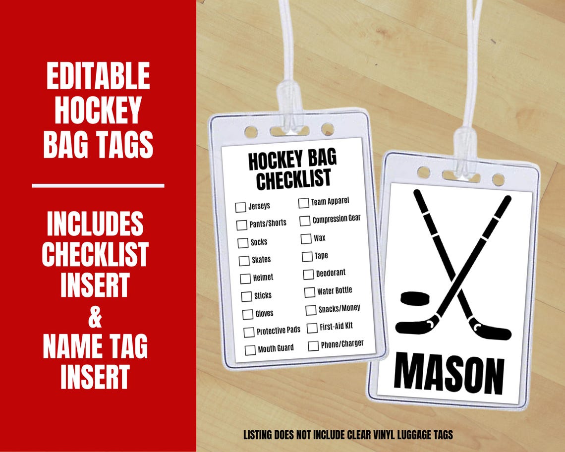 Editable Hockey Bag Tag Insert, Custom Hockey Equipment Gear Checklist ...