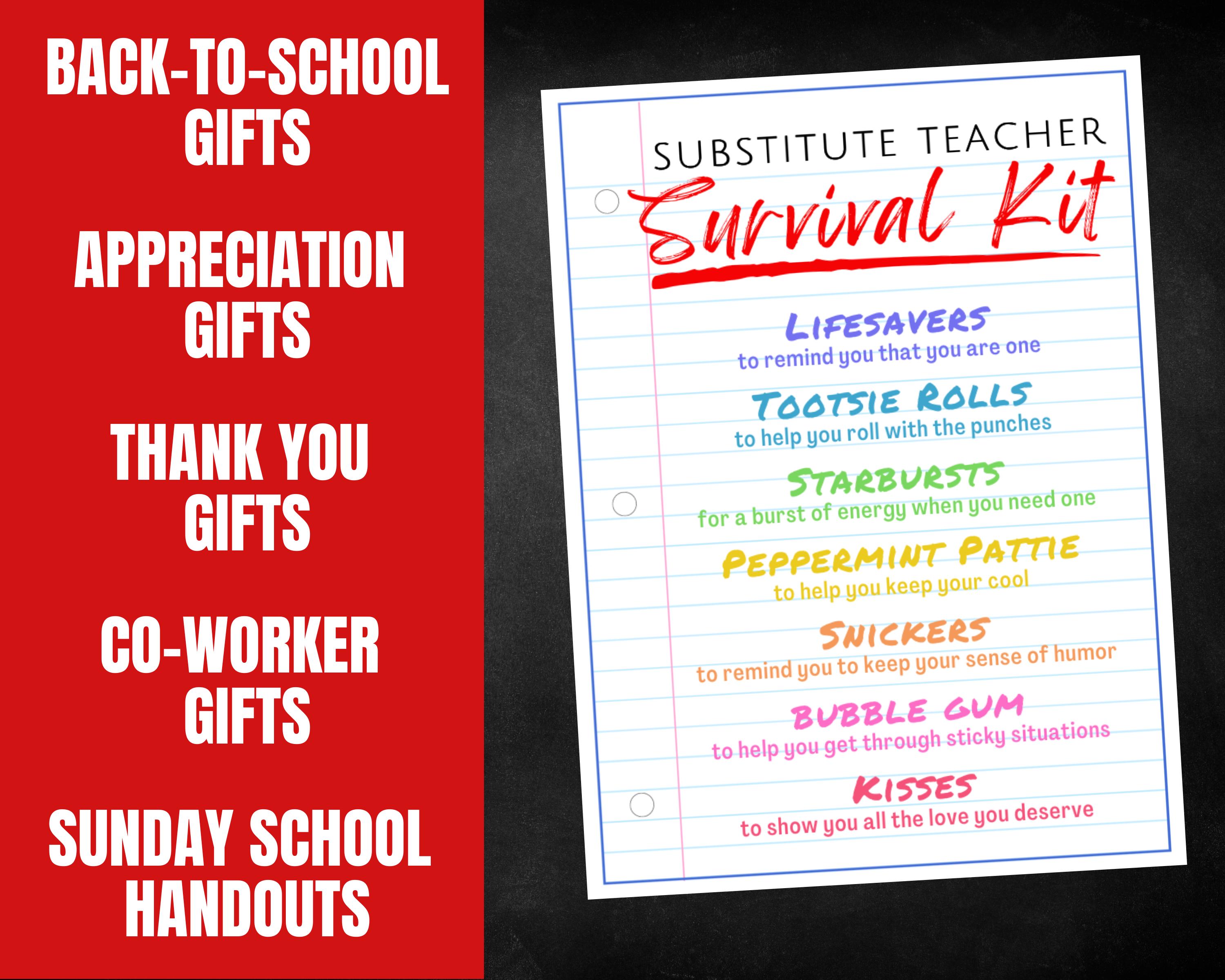 Substitute Teacher Survival Kit Gift Tags, Teacher Appreciation and ...