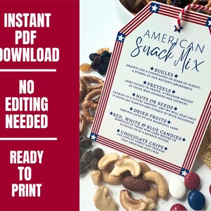 American Snack Mix Tags, Printable Red White & Blue Gift or Favor Cards ...