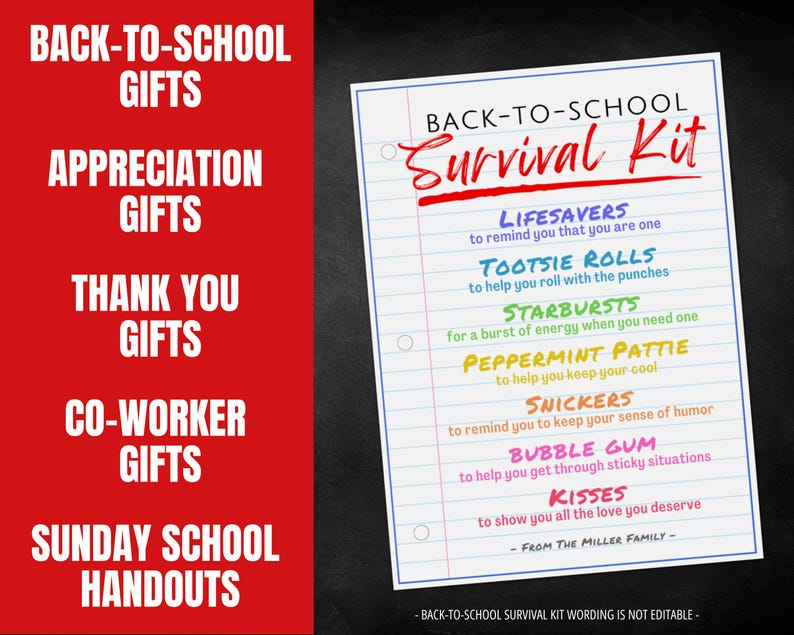 EDITABLE Back to School Survival Kit Treat Bag Tag, Teacher & Staff ...