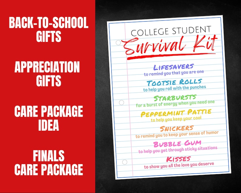 College Student Survival Kit Gift Tags, University Care Package for Son ...