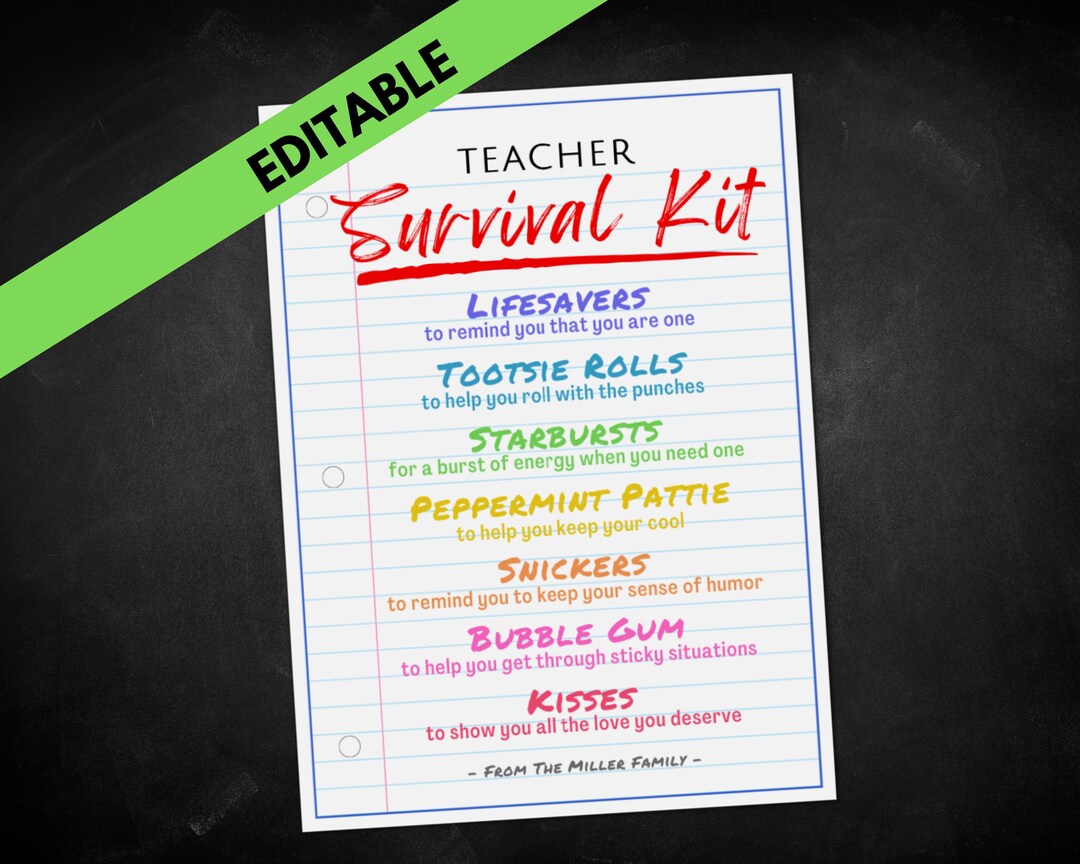 EDITABLE Teacher Survival Kit Tag, Teacher Appreciation, Staff ...
