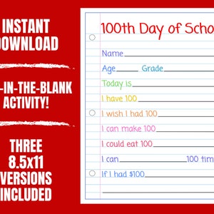100th Day of School Worksheet Activity, Student Writing Activity ...