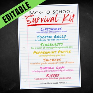 EDITABLE Back to School Survival Kit Treat Bag Tag, Teacher & Staff ...