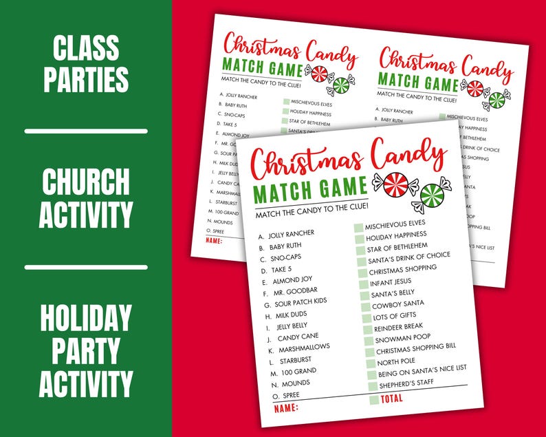 Christmas Candy Match Game Printable, Xmas Candy Trivia Quiz, Sweet ...