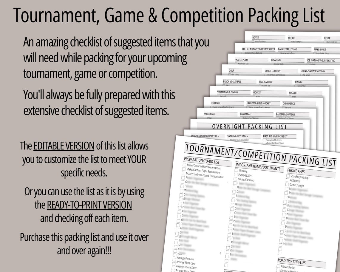 Sports Packing List, Tournament Game Competition Checklist for Athletes ...