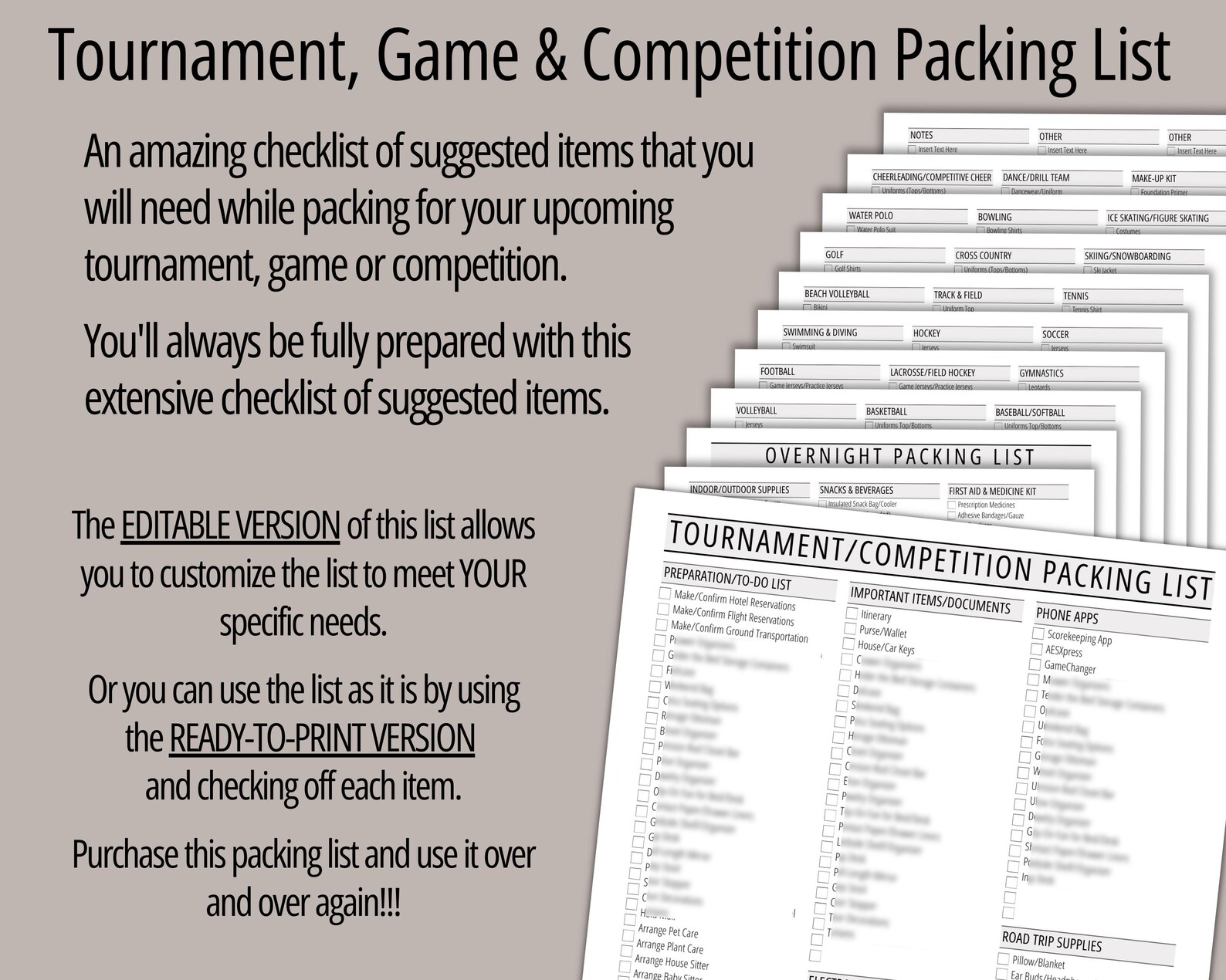 Sports Packing List, Tournament Game Competition Checklist for Athletes ...