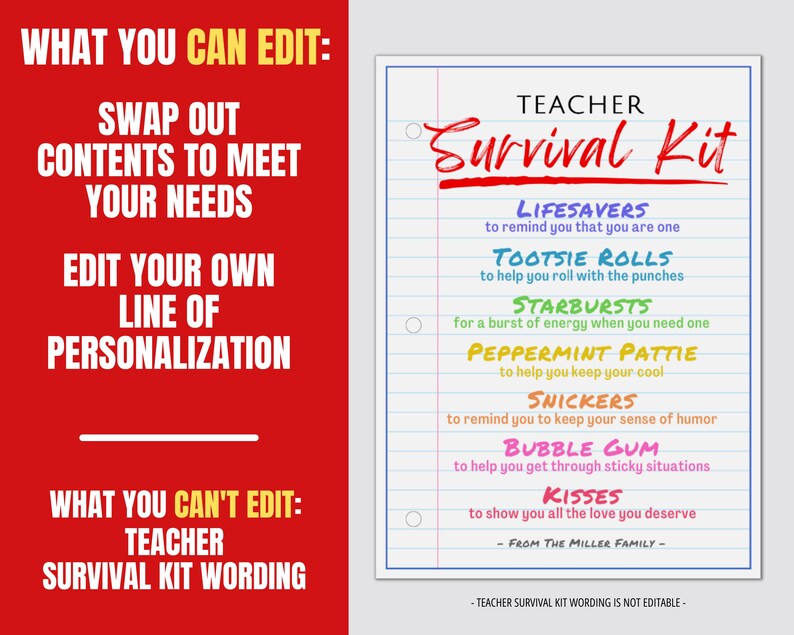 EDITABLE Teacher Survival Kit Tag, Teacher Appreciation, Staff ...