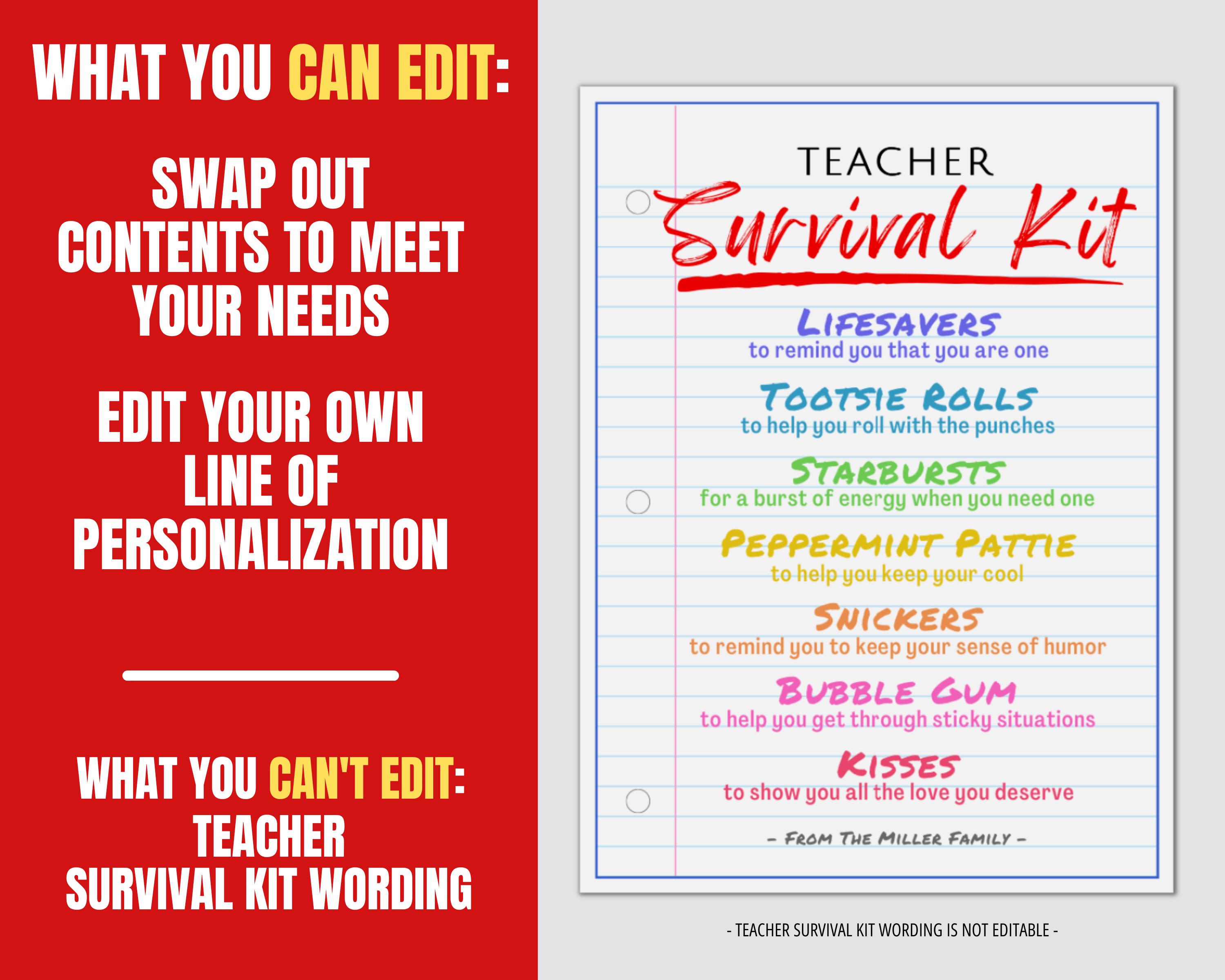 EDITABLE Teacher Survival Kit Tag, Teacher Appreciation, Staff ...