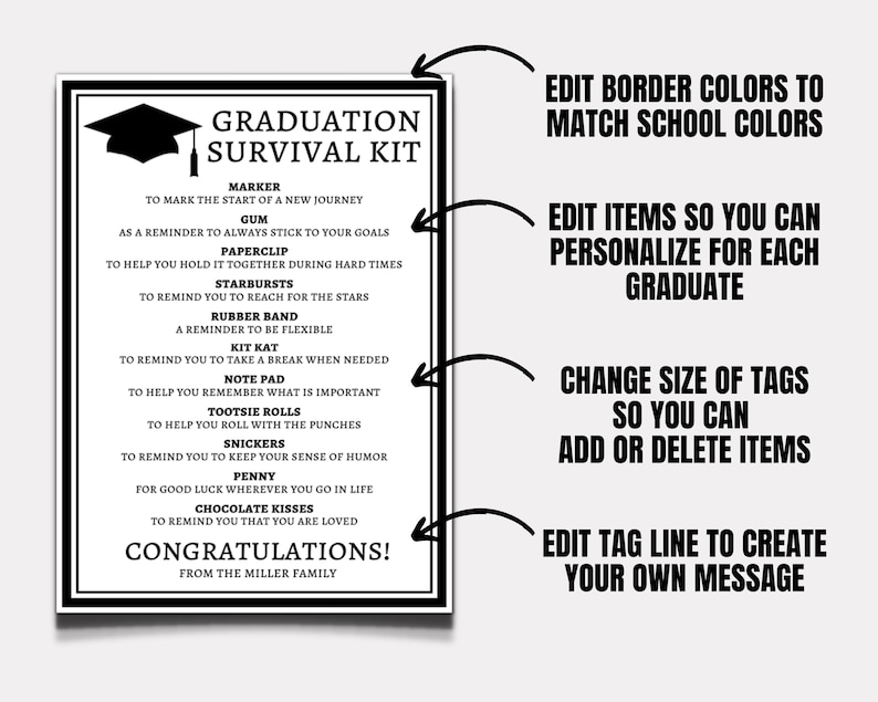 Editable Graduation Survival Kit Gift Tags, Graduation Party Favors ...