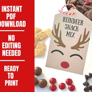 Reindeer Snack Mix Favor Gift Tags, Christmas Printable Party Favor ...