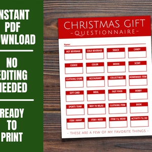 Christmas Wish List Printable, Gift Idea Questionnaire, Secret Santa ...