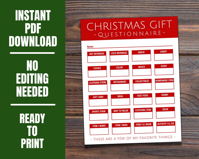 Christmas Wish List Printable, Gift Idea Questionnaire, Secret Santa ...