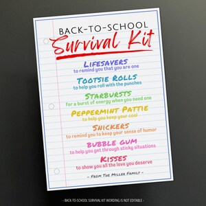 EDITABLE Back to School Survival Kit Treat Bag Tag, Teacher & Staff ...