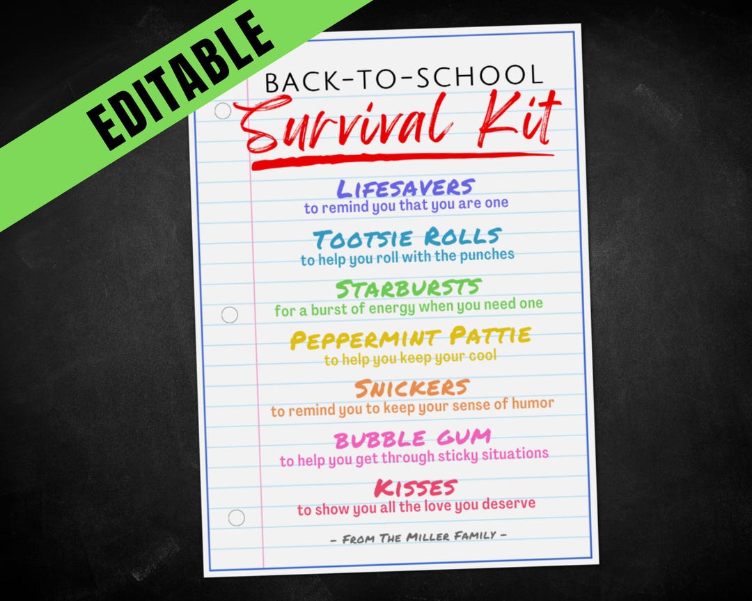 EDITABLE Back to School Survival Kit Treat Bag Tag, Teacher & Staff ...