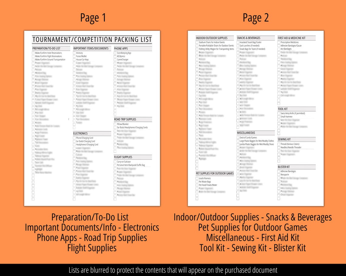 Sport Packing List Tournament Checklist Printable Planner Athlete ...
