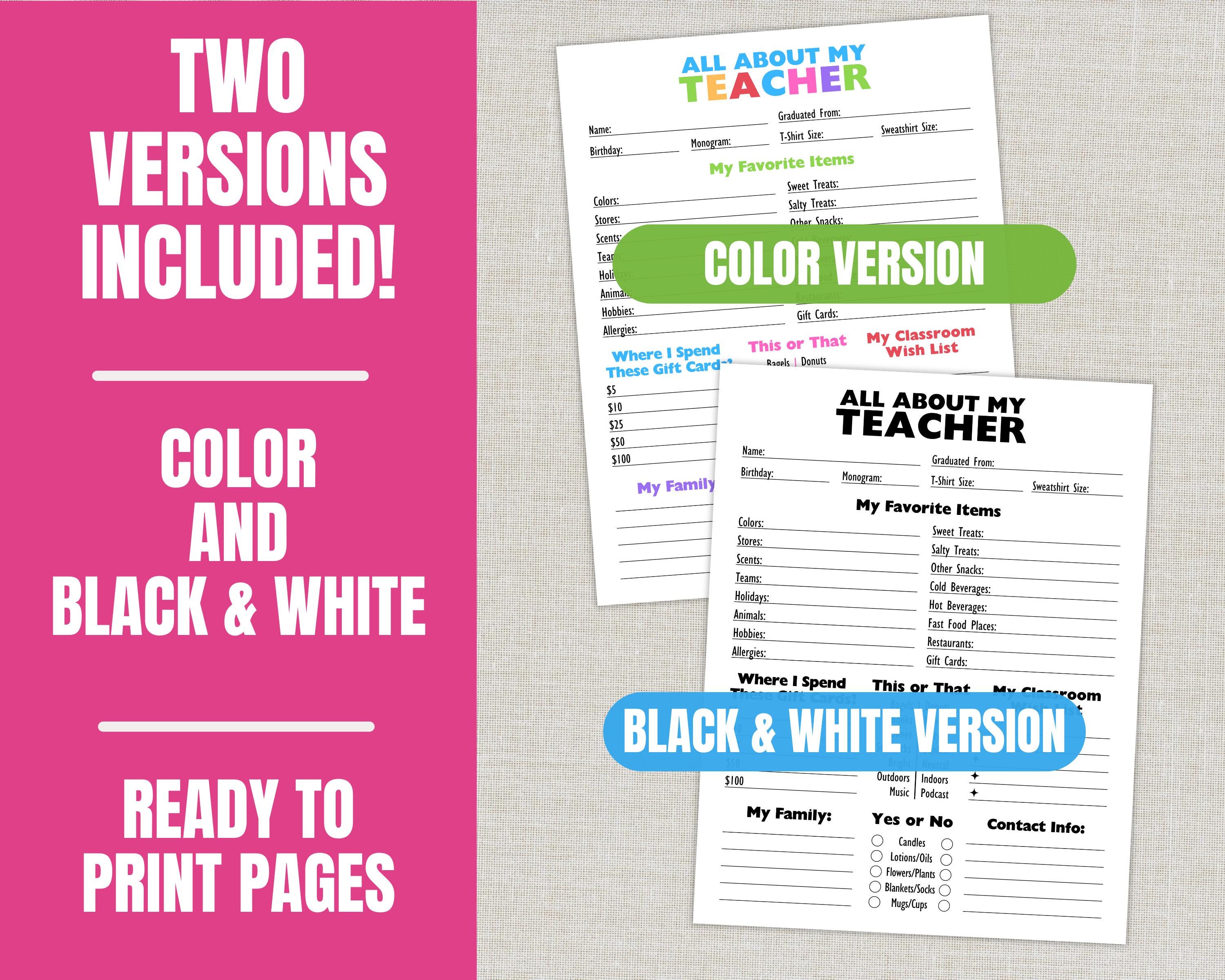 Teacher Favorites List, Back to School Meet the Teacher Activity Pages ...