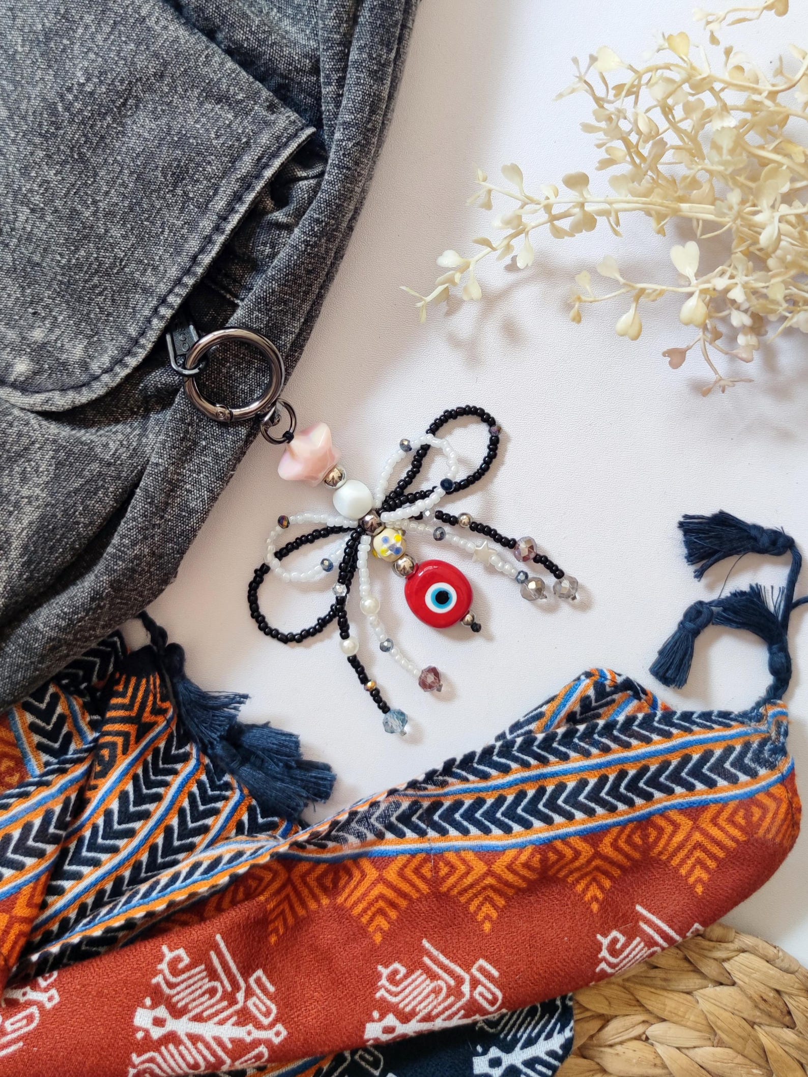 Fish Devil Eye With Ribbon Bag Charm : Boho Beaded Keychain - Etsy