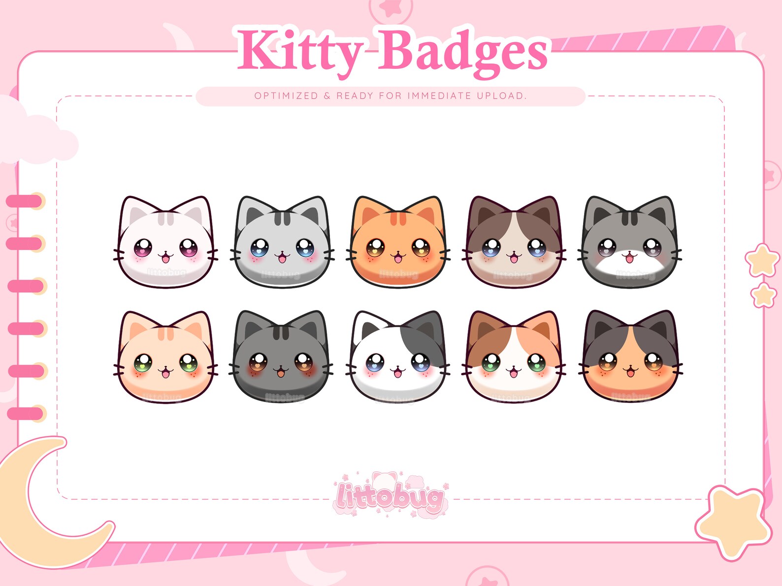 Cat Sub or Bit Badges 10 Pack for Twitch, Youtube, Discord Cute Animal ...