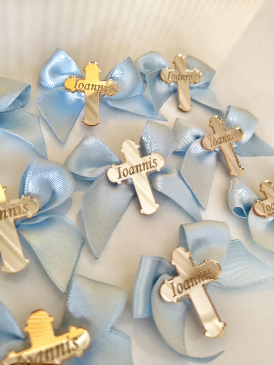 Personalized Gold Cross Tag With Blue Bow, Custom Baptism Favor Tag ...