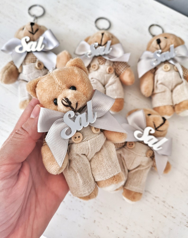 Custom Plush Teddy Bear Keychain With Gray Ribbon - Etsy