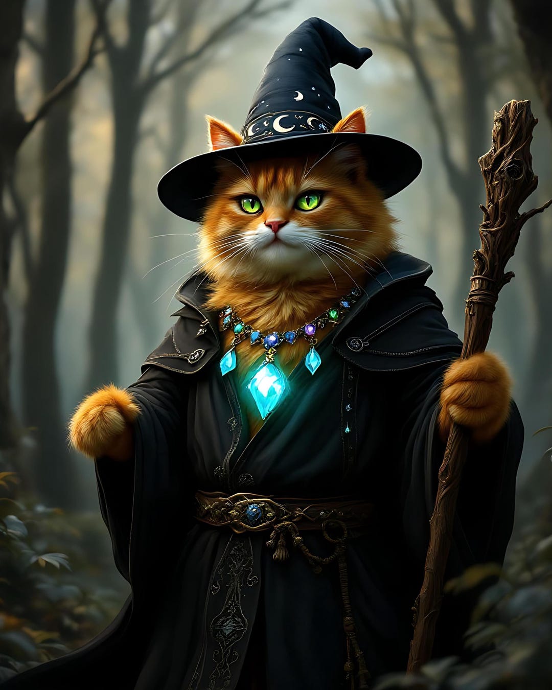 Whimsical Wizard Cat Printable Wall Art | Magical Feline Illustration ...