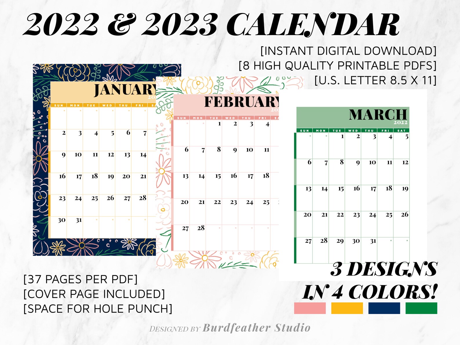 2022 & 2023 Calendars. 4 Colors Each. 3 Designs for Each Color. Binder ...