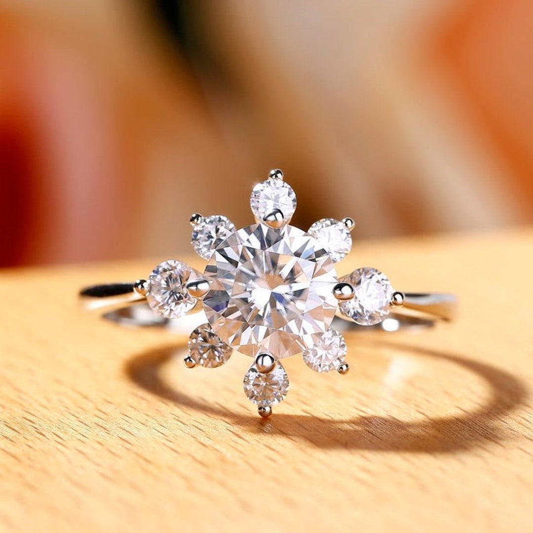 Buy Round Cut Star Burst Moissanite Diamond Engagement Ring, 14K Solid ...