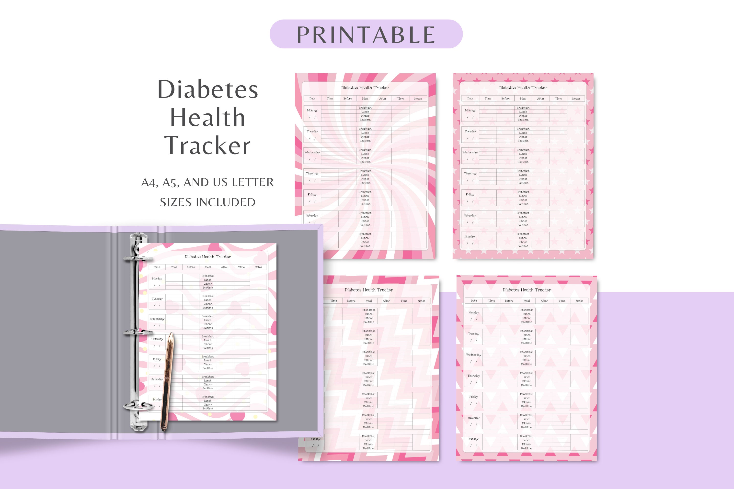 Pink Candy Daily Diabetes Health Tracker With Meal Planner, Grocery ...