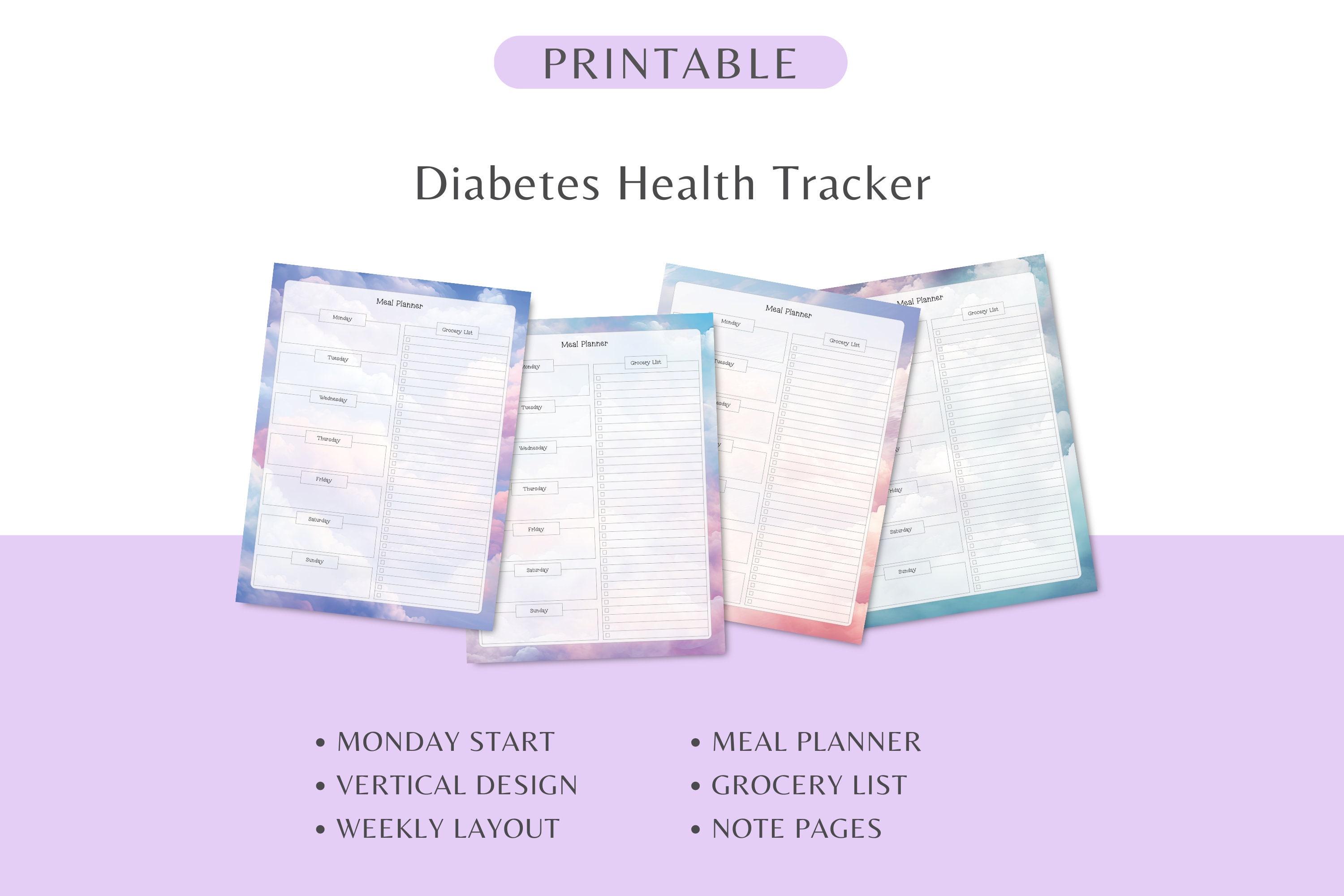 Dreamy Clouds Printable Diabetes Tracker, Blood Sugar Journal, Diabetes ...