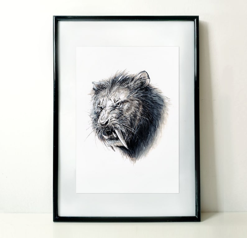 Sabertooth Tiger Art Print Prehistoric Wildlife Illustration Smilodon ...
