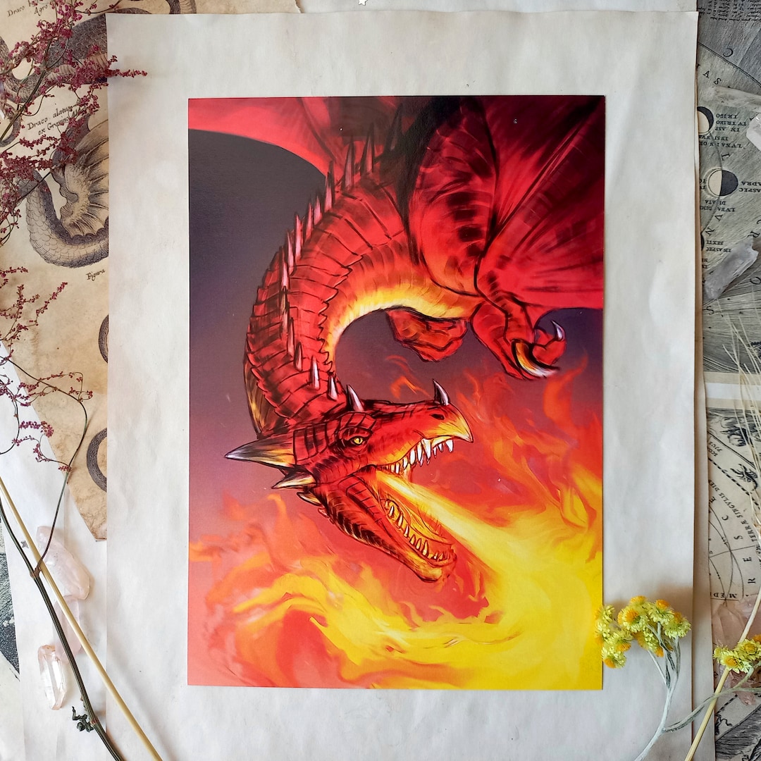 Red Dragon Art Print - Dragon Fire Artwork - Flying Dragon Wall Decor ...